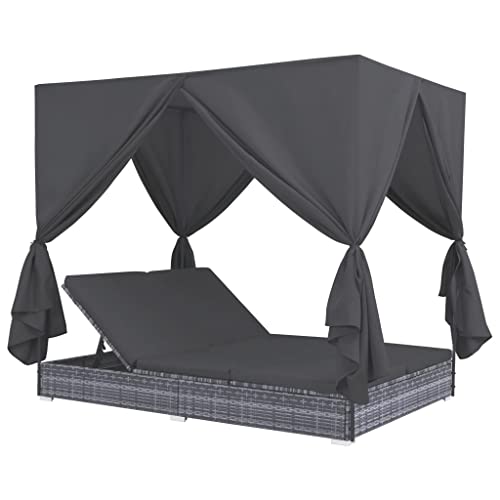 vidaXL Outdoor Lounge Bed with Curtains Poly Rattan Gray