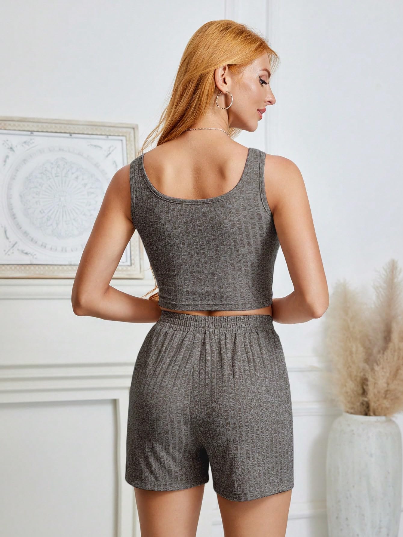 WDIRARA Women's 2 Piece Outfits Ribbed Scoop Neck Tank and Shorts Summer Outfits Set Grey XL