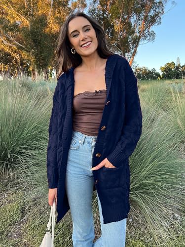 MASCOMODA Long Cable Knit Cardigans for Women 2024 Trendy Oversized Boyfriend Button Front Winter Sweater Coats with Pockets(Navy,Small)