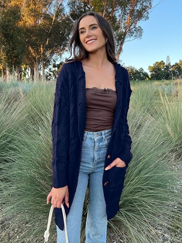 MASCOMODA Long Cable Knit Cardigans for Women 2024 Trendy Oversized Boyfriend Button Front Winter Sweater Coats with Pockets(Navy,Small)