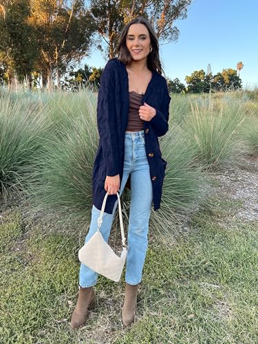 MASCOMODA Long Cable Knit Cardigans for Women 2024 Trendy Oversized Boyfriend Button Front Winter Sweater Coats with Pockets(Navy,Small)