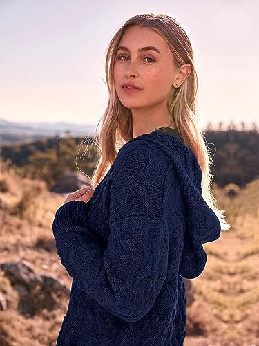 MASCOMODA Long Cable Knit Cardigans for Women 2024 Trendy Oversized Boyfriend Button Front Winter Sweater Coats with Pockets(Navy,Small)