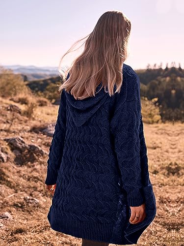 MASCOMODA Long Cable Knit Cardigans for Women 2024 Trendy Oversized Boyfriend Button Front Winter Sweater Coats with Pockets(Navy,Small)