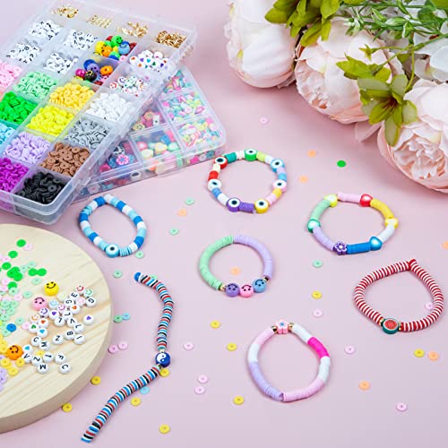 Korlon 7280 Pcs Clay Beads for Bracelets Making, Including 240 Pcs Fruit Flower Polymer Clay Bead Charms with Round Flat Heishi Clay Bead Kit for DIY Craft Necklace Jewelry