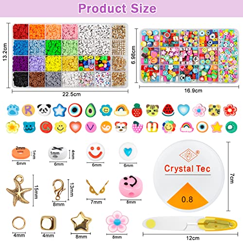 Korlon 7280 Pcs Clay Beads for Bracelets Making, Including 240 Pcs Fruit Flower Polymer Clay Bead Charms with Round Flat Heishi Clay Bead Kit for DIY Craft Necklace Jewelry