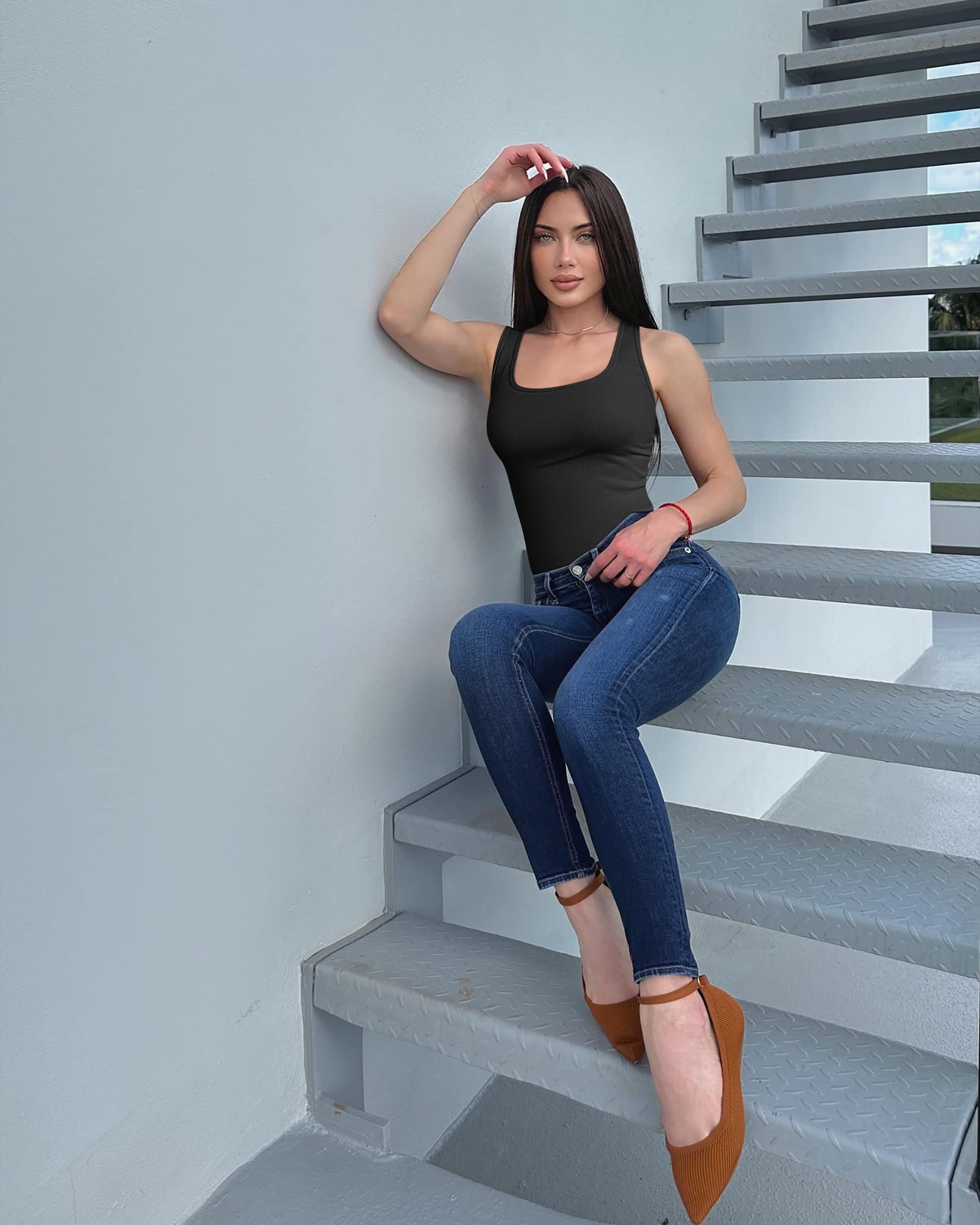 OQQ Women's 3 Piece Shirt Square Neck Stretch Fitted Layer Sleeveless Tank, Black,coffee,beige, Large