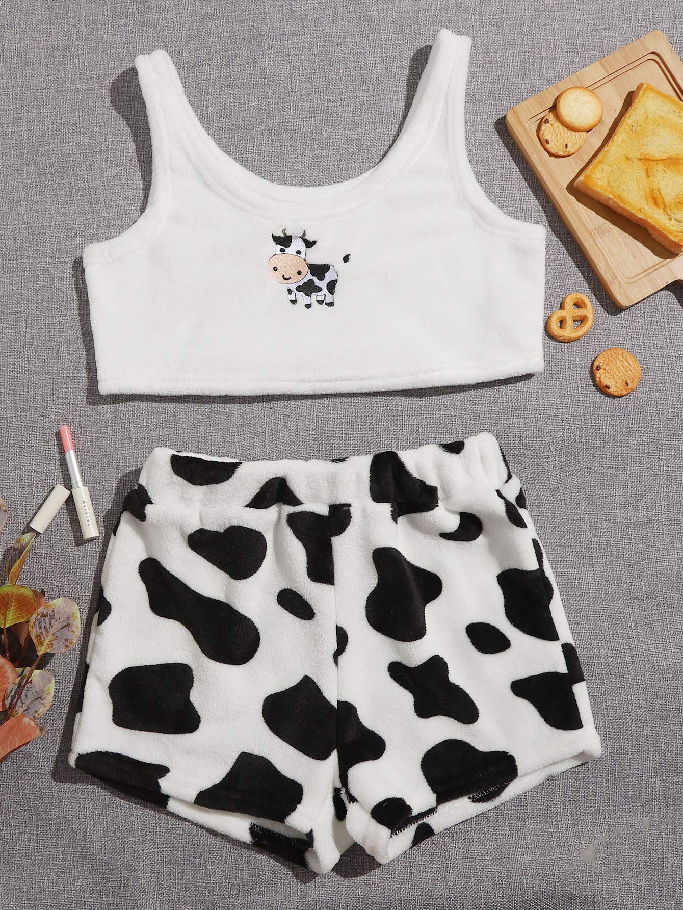 SOLY HUX Women's 2 Piece Sleeveless Crop Tank Top and Teddy Shorts Lounge Pajama Set Sleepwea