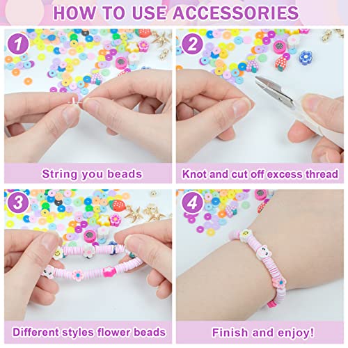 Korlon 7280 Pcs Clay Beads for Bracelets Making, Including 240 Pcs Fruit Flower Polymer Clay Bead Charms with Round Flat Heishi Clay Bead Kit for DIY Craft Necklace Jewelry