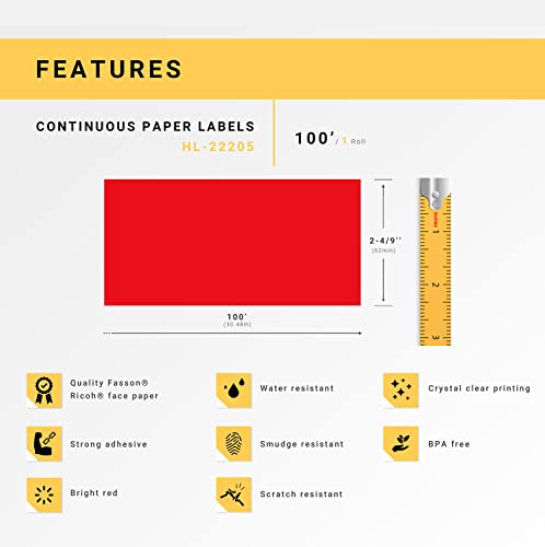 HOUSELABELS Compatible with DK-2205 Replacement Roll for Brother QL Label Printers; Red Yellow Blue Green Continuous Length Labels; 2-4/9" x 100 feet (62mm*30.48m) - 8 Rolls