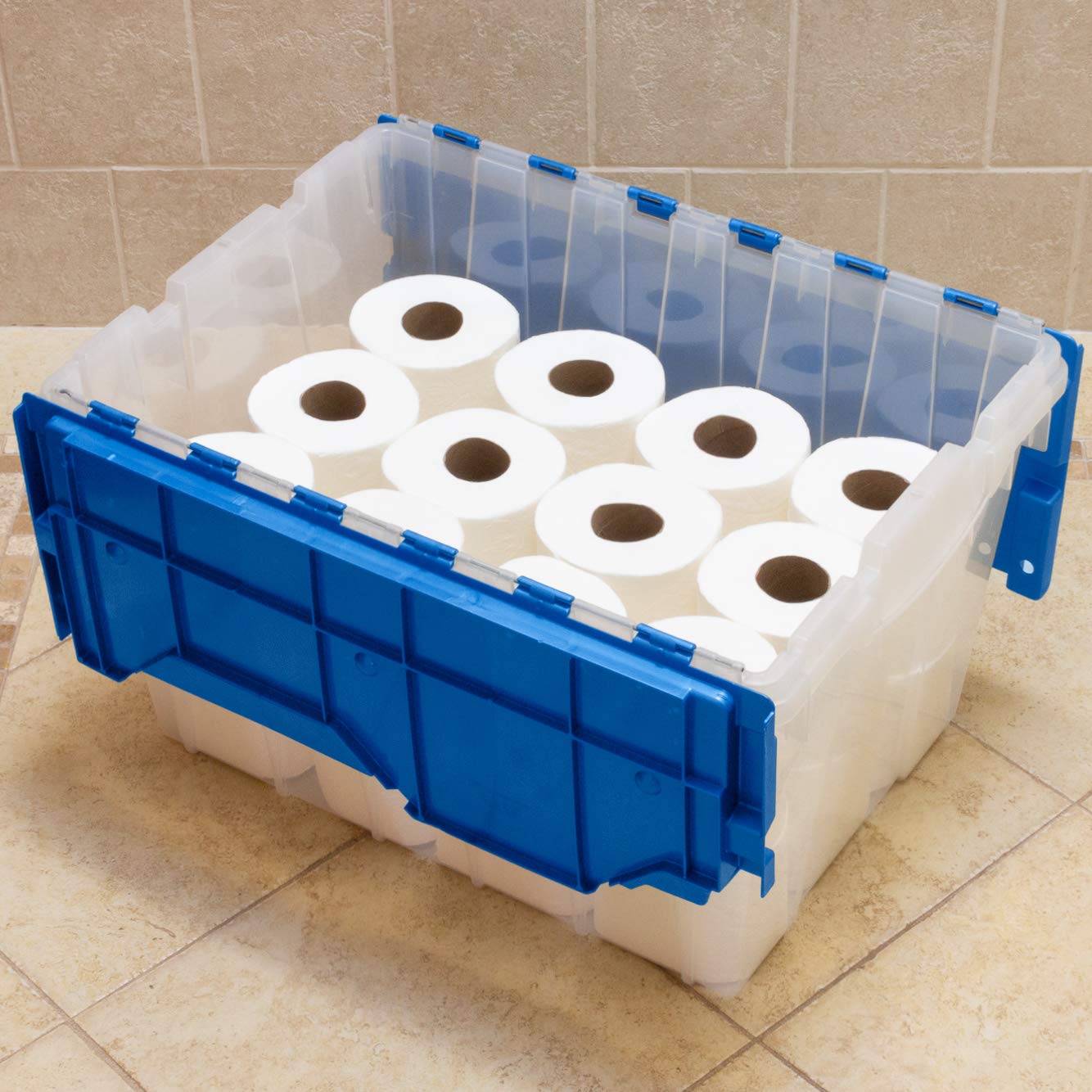 Akro-Mils 66486 12-Gallon Plastic Stackable Storage Keepbox Tote Container with Attached Hinged Lid, 21-1/2-Inch x 15-Inch x 12-1/2-Inch, Clear/Blue