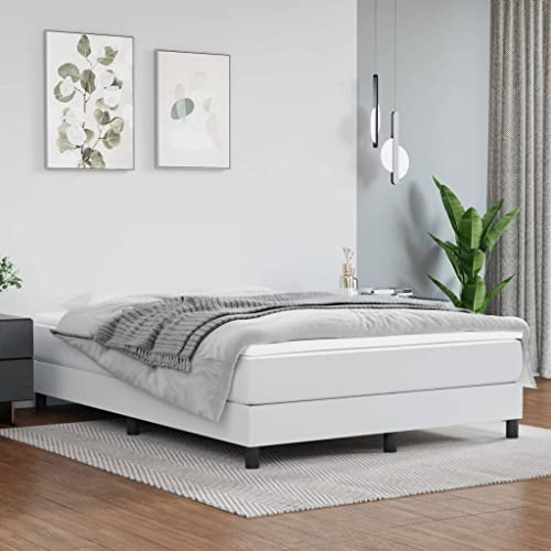 vidaXL Box Spring Bed with Mattress Home Bedroom Mattress Pad Double Bed Frame Base Foam Topper Furniture White 53.9"x74.8" Full Faux Leather
