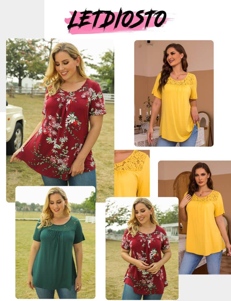 LETDIOSTO Women's Tops Casual Short Sleeve Loose Fit Pleated Tunic Shirt Blouse Tops, 02, Medium
