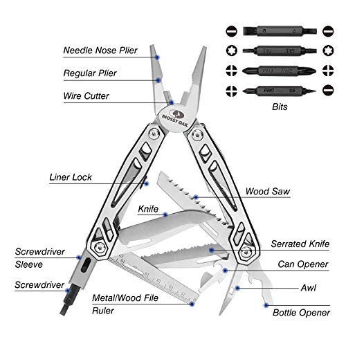 MOSSY OAK Multitool, 21-in-1 Stainless Steel Multi Tool Pocket Knife with Screwdriver Sleeve, Self-locking Multitool Pliers with Sheath-Perfect for Outdoor, Survival, Camping, Hiking, Simple Repair