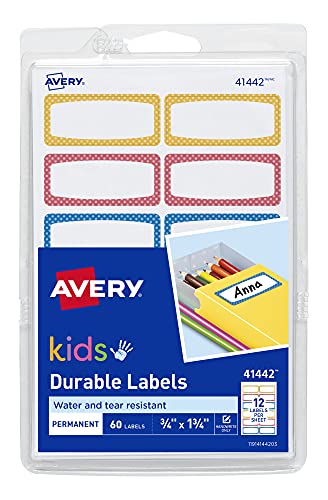 AVERY No-Iron Kids Clothing Labels, Washer & Dryer Safe, Assorted Shapes & Sizes, (2-Pack) 90 Labels (40700) & 0.75 x 1.75 Inches Durable Labels for Kids Gear, Assorted, Pack of 60 (41442)