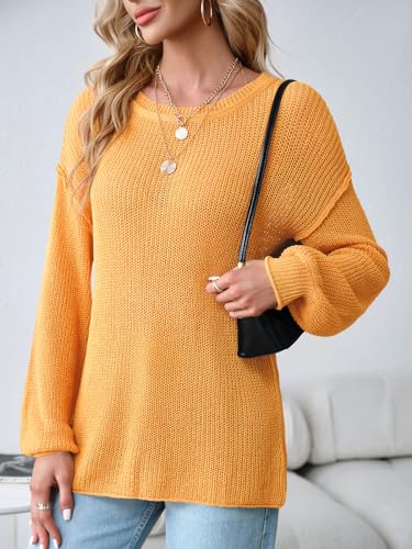 Danedvi Womens Long Sleeve Oversized Sweater Tops Crewneck Ribbed Knit Pullover See Through Lightweight Crochet Jumper Orange