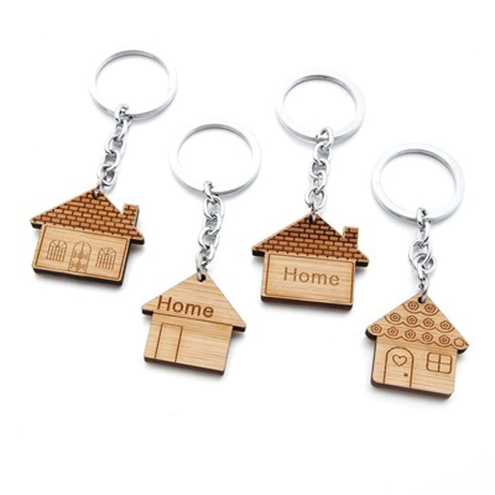 Wresty 4 Pcs House Design Key Chain Wood Keychain Home Key Ring Decoration Housewarming Gift Favors Brown