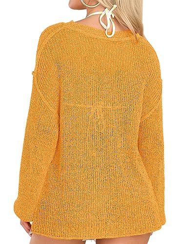 Danedvi Womens Long Sleeve Oversized Sweater Tops Crewneck Ribbed Knit Pullover See Through Lightweight Crochet Jumper Orange