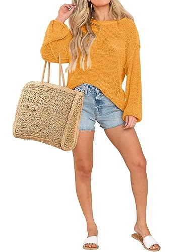 Danedvi Womens Long Sleeve Oversized Sweater Tops Crewneck Ribbed Knit Pullover See Through Lightweight Crochet Jumper Orange