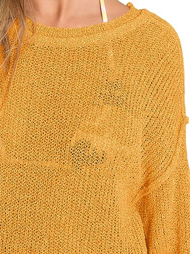 Danedvi Womens Long Sleeve Oversized Sweater Tops Crewneck Ribbed Knit Pullover See Through Lightweight Crochet Jumper Orange
