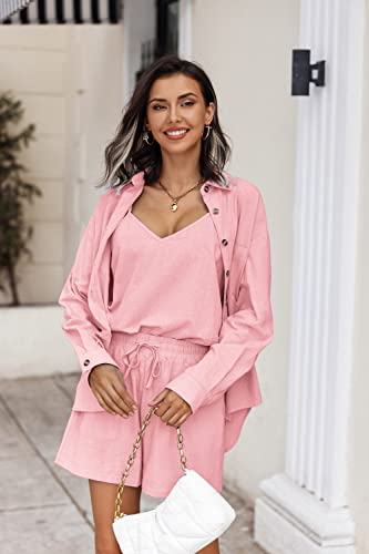 Zeagoo 3 Piece Linen Shorts Set for Women Dressy Casual Shirts Long Sleeve Summer Adjustable Spaghetti Strap Tanks