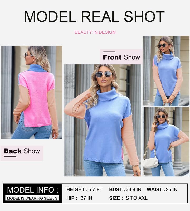 Dokotoo Sweaters for Women 2024 Winter Cowl Neck Side Split Oversized Pullover Tops Batwing Long Sleeve Color Block Knitted Sky Blue Sweater Pullover Tops XX-Large