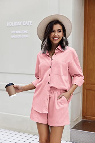 Zeagoo 3 Piece Linen Shorts Set for Women Dressy Casual Shirts Long Sleeve Summer Adjustable Spaghetti Strap Tanks