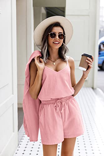 Zeagoo 3 Piece Linen Shorts Set for Women Dressy Casual Shirts Long Sleeve Summer Adjustable Spaghetti Strap Tanks