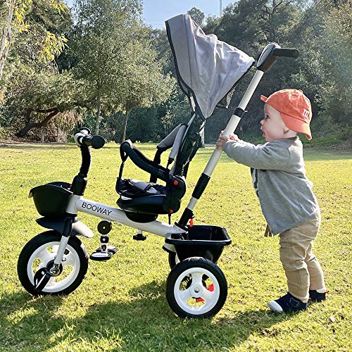 BOOWAY Baby Trike, 6-in-1 Kids Stroller Tricycle with Adjustable Push Handle, Removable Canopy, Safety Harness for 6 Months - 5 Year Old