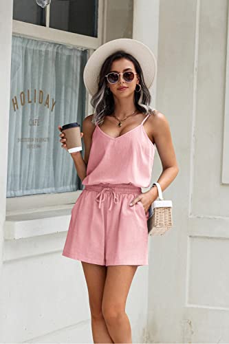 Zeagoo 3 Piece Linen Shorts Set for Women Dressy Casual Shirts Long Sleeve Summer Adjustable Spaghetti Strap Tanks