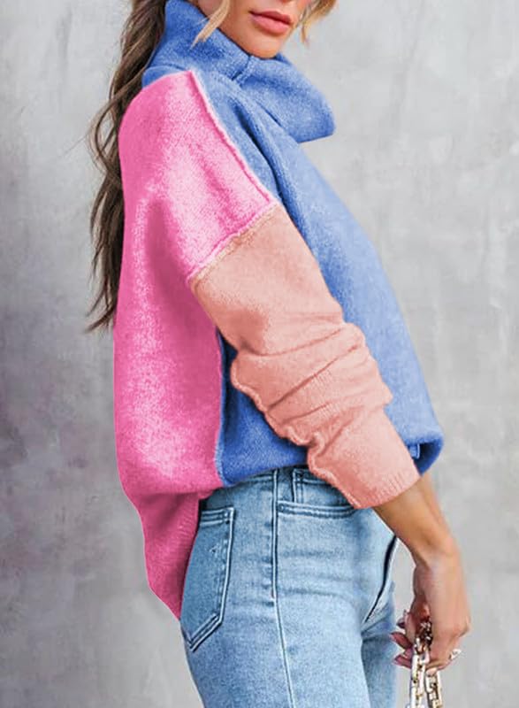 Dokotoo Sweaters for Women 2024 Winter Cowl Neck Side Split Oversized Pullover Tops Batwing Long Sleeve Color Block Knitted Sky Blue Sweater Pullover Tops XX-Large
