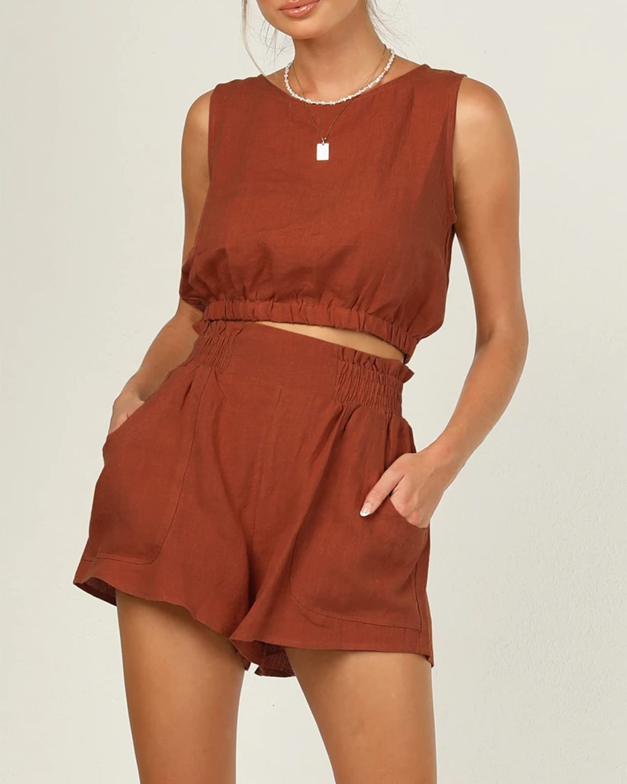 Eurivicy Women's 2 Piece Outfits Sleeveless Crop Tank Top and High Waist Pocketed Shorts Loose Summer 2pcs Short Sets