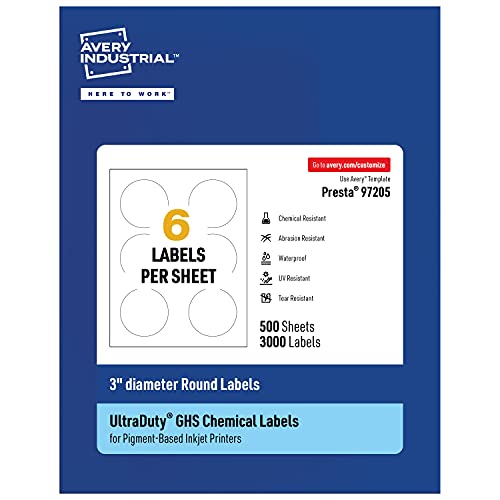 Avery UltraDuty GHS Labels, Waterproof, 3 Inch Round Labels, Pack of 3000 White Labels for Use with Pigment Inkjet Printers