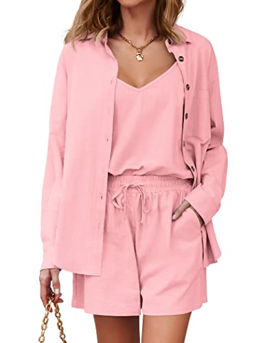 Zeagoo 3 Piece Linen Shorts Set for Women Dressy Casual Shirts Long Sleeve Summer Adjustable Spaghetti Strap Tanks