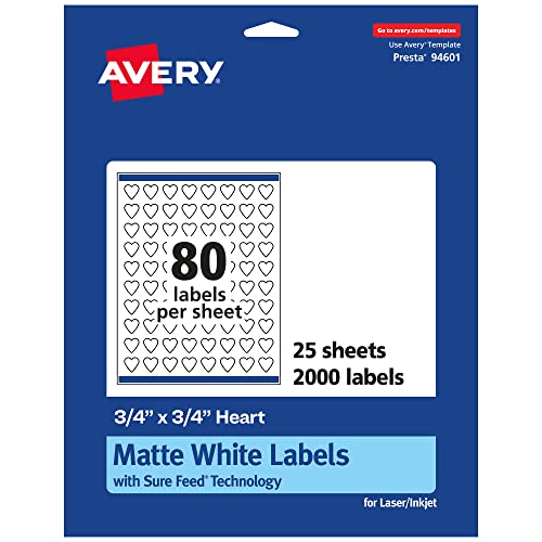 Avery Matte White Heart Labels with Sure Feed, .75" x .75", 2,000 Matte White Printable Labels