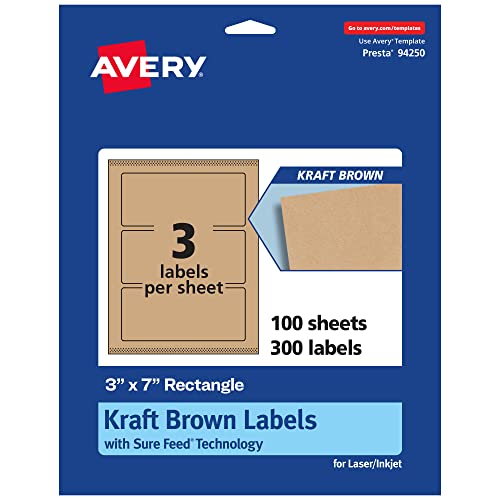 Avery Kraft Brown Rectangle Labels with Sure Feed, 3" x 7", 300 Kraft Brown Labels, Print-to-The-Edge, Laser/Inkjet Printable Labels