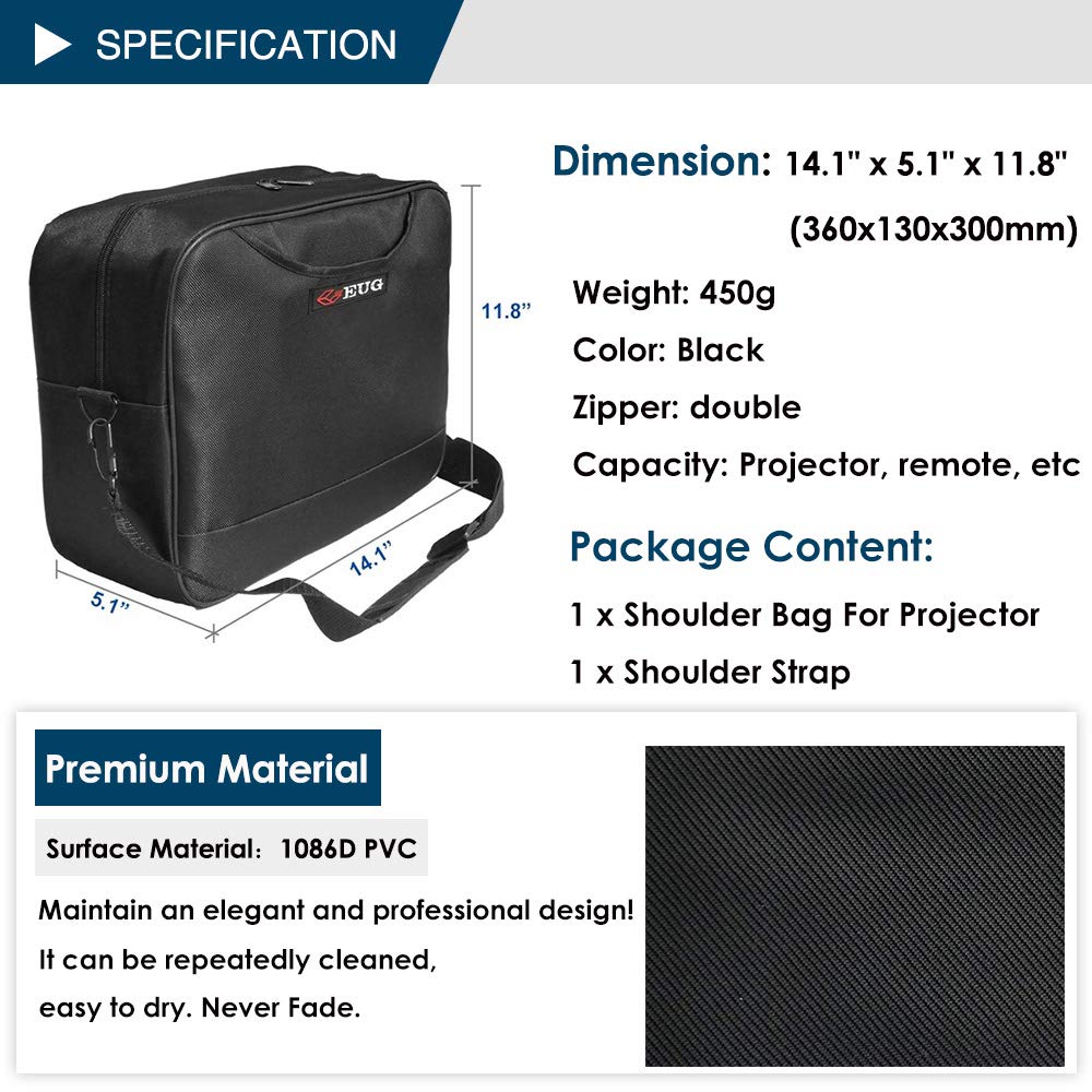 Portable Projector Carrying Case Soft Laptop Travel Shoulder Bag with Detachable Shoulder Strap - 14x12x5 inch - for Optoma HD142X, ViewSonic PJD7828HDL, Epson EX3240 and More Small Video Projectors