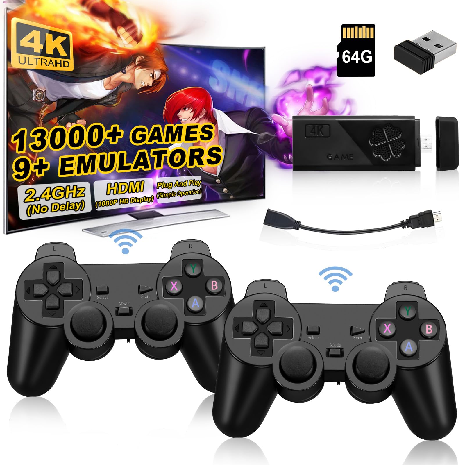Wireless Retro Game Console, Retro Game Stick, Nostalgia Stick Game, Plug and Play Game Console Emulator Game Stick 4k 13000+ Games, 9 Classic Emulator, Consoles with Dual 2.4G Wireless Console