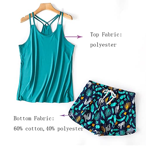 CHUNG Women Camisole Top Shorts Bottom Pajamas Set Loungewear Sleepwear Tank Cross Back,GreenSloth,XL