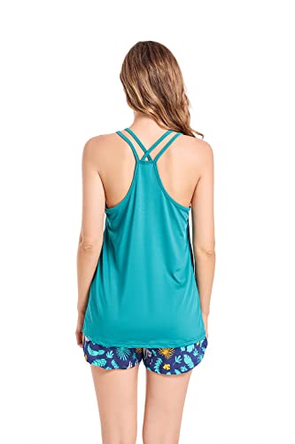 CHUNG Women Camisole Top Shorts Bottom Pajamas Set Loungewear Sleepwear Tank Cross Back,GreenSloth,XL