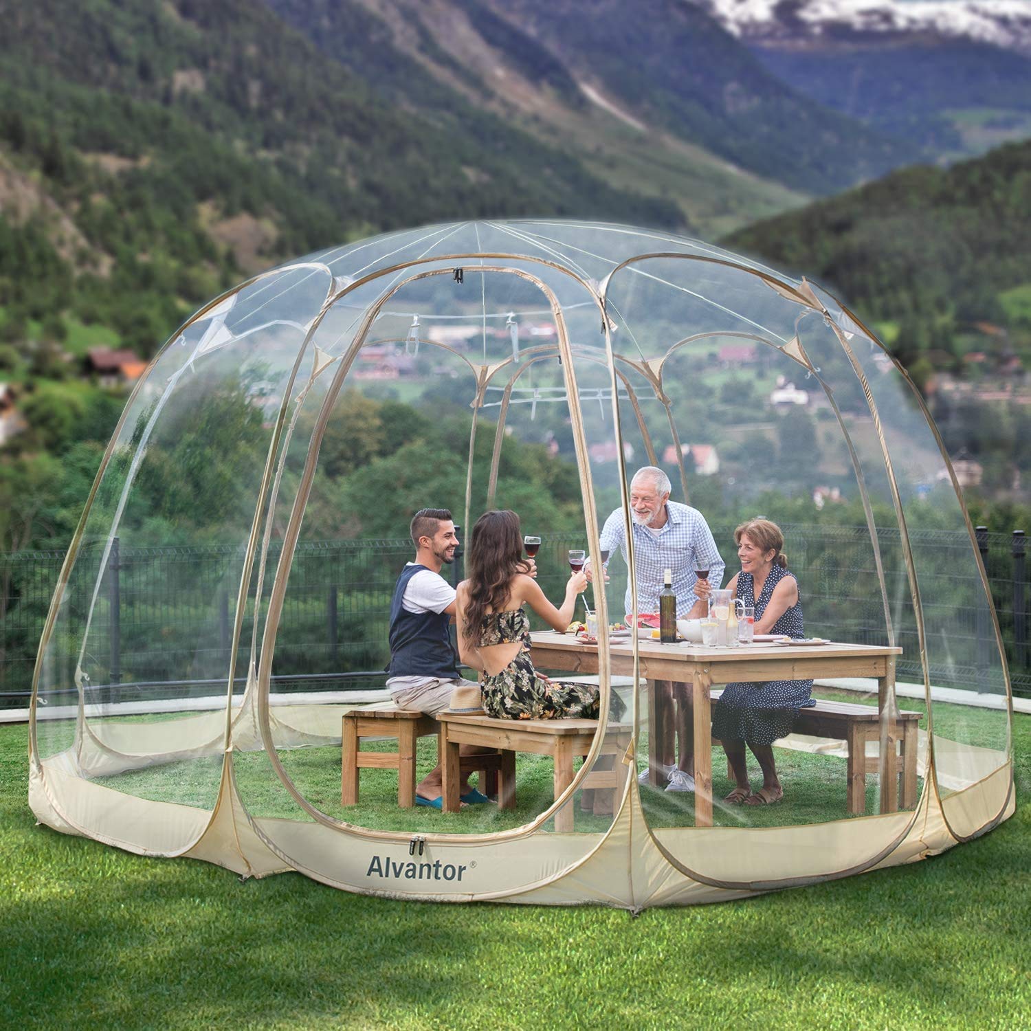 Alvantor Halloween Pop Up Bubble Clear Tent - 15’ x 15’ Instant Igloo Tent - 12-15 Person Screen House for Patios - Large Oversize Weather Proof - Cold Protection Camping Tent - Beige