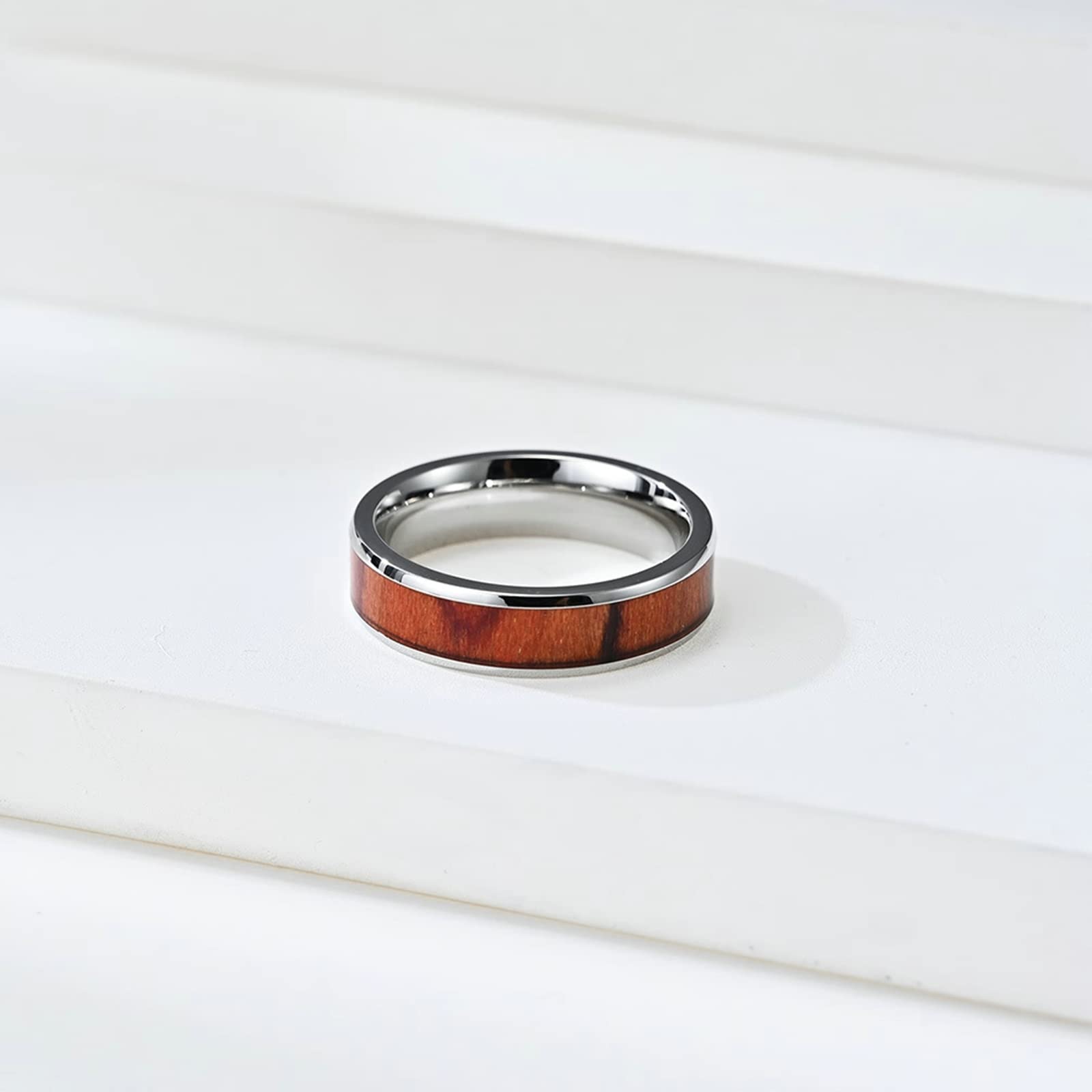 Dsnyu Mens Gothic Engagement Ring, Wood Veneer Customize Engrave Matching Band, Silver Stainless Steel Couple Rings Valentine's Day Size 10