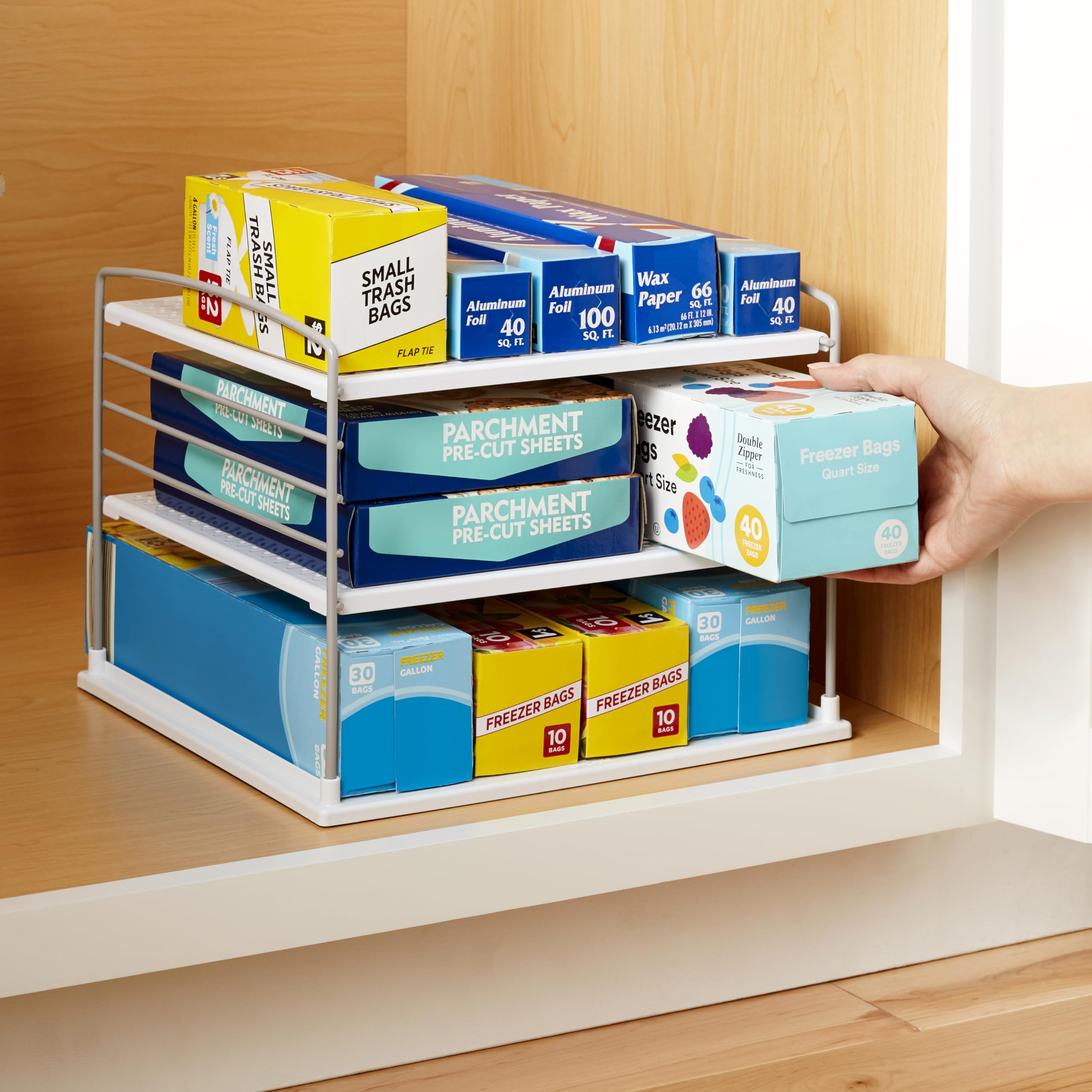 YouCopia UpSpace Cabinet Box Organizer, Adjustable Kitchen and Pantry Shelf for Plastic Wrap and Foil Storage, Medium