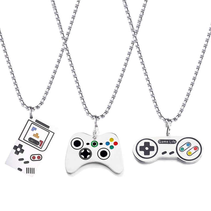 通用 3Pcs Vintage Enamel Game Console Pendant Necklace Set,Punk Hip Hop Video Game Controller Clavicle Chain Necklace Choker Necklace Jewelry for Women Men (Silver 3Pcs)