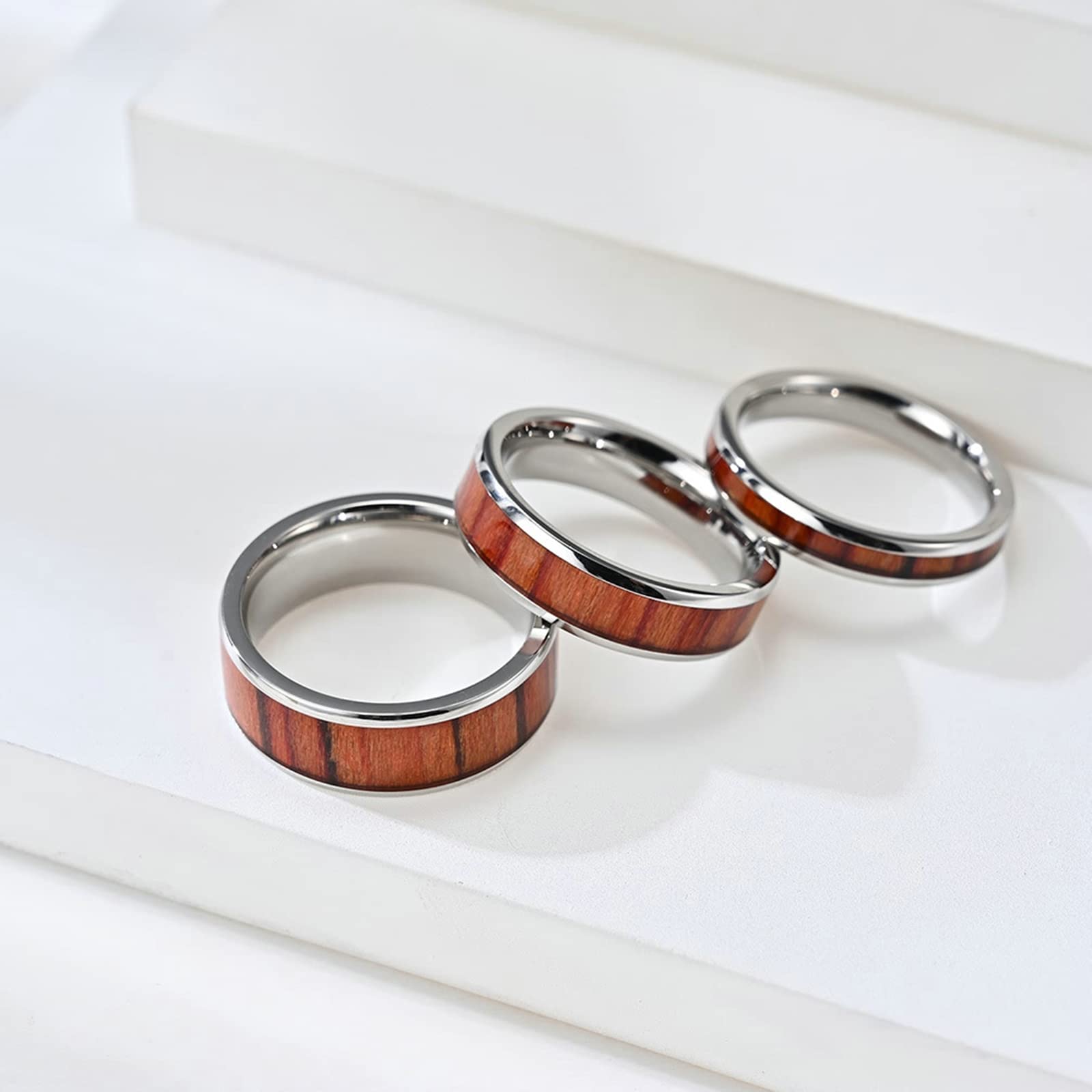 Dsnyu Mens Gothic Engagement Ring, Wood Veneer Customize Engrave Matching Band, Silver Stainless Steel Couple Rings Valentine's Day Size 10