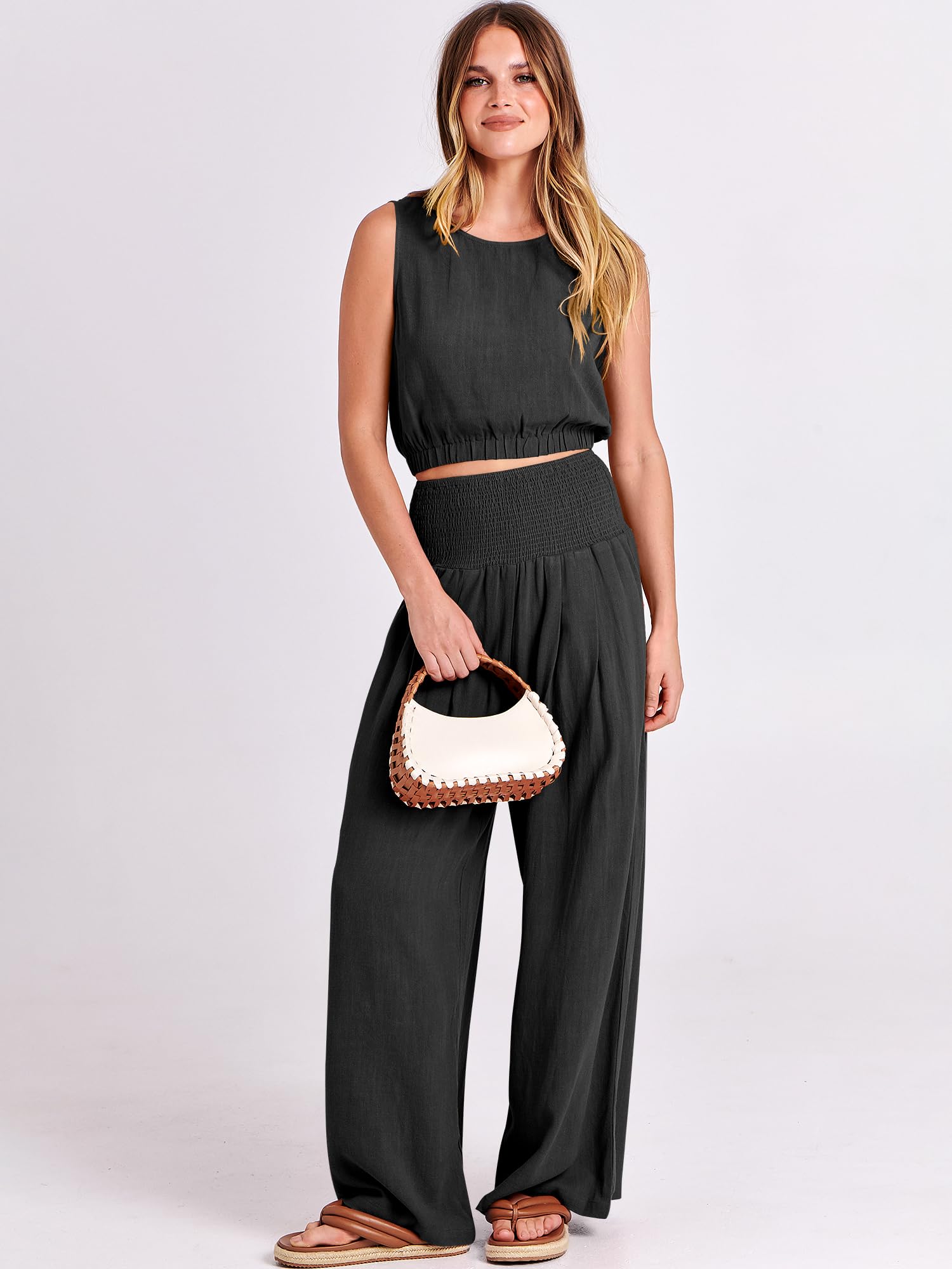 ANRABESS Women's 2 Piece Linen Lounge Set Casual Matching Pants Jumpsuit Summer Beach Travel Vacation Trendy Outfits Black Small