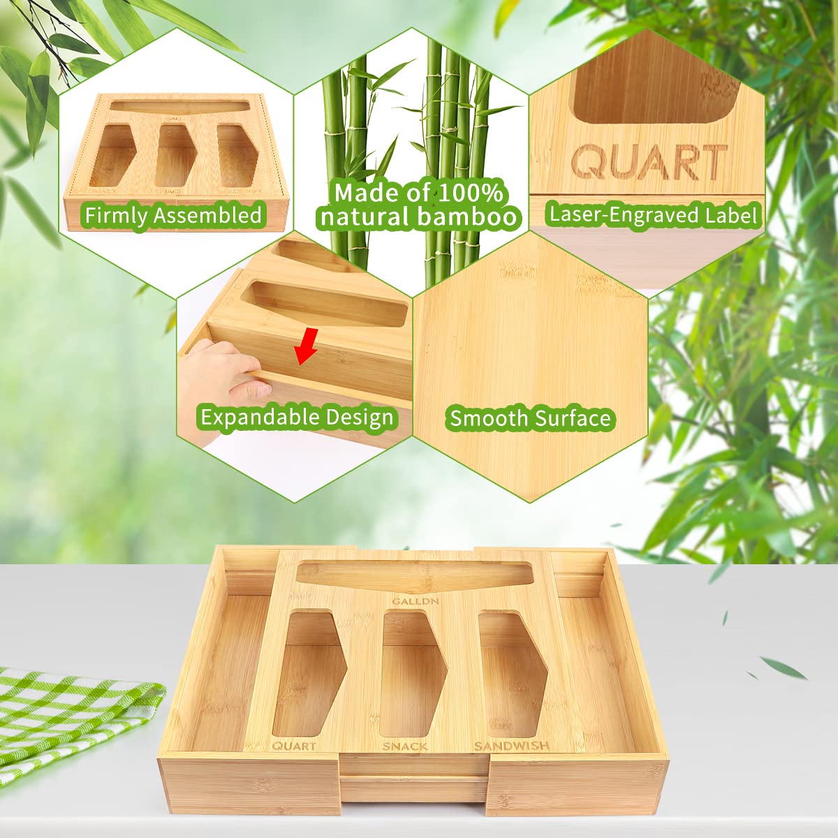 Ziplock Bag Storage Organizer for Kitchen Drawer, Expandable Bamboo Baggie Organizer, Plastic Food Bag Holders and Dispenser, Compatible with Gallon, Quart, Sandwich & Snack Size Bag, 12'' Aluminum Foil and Plastic Wrap