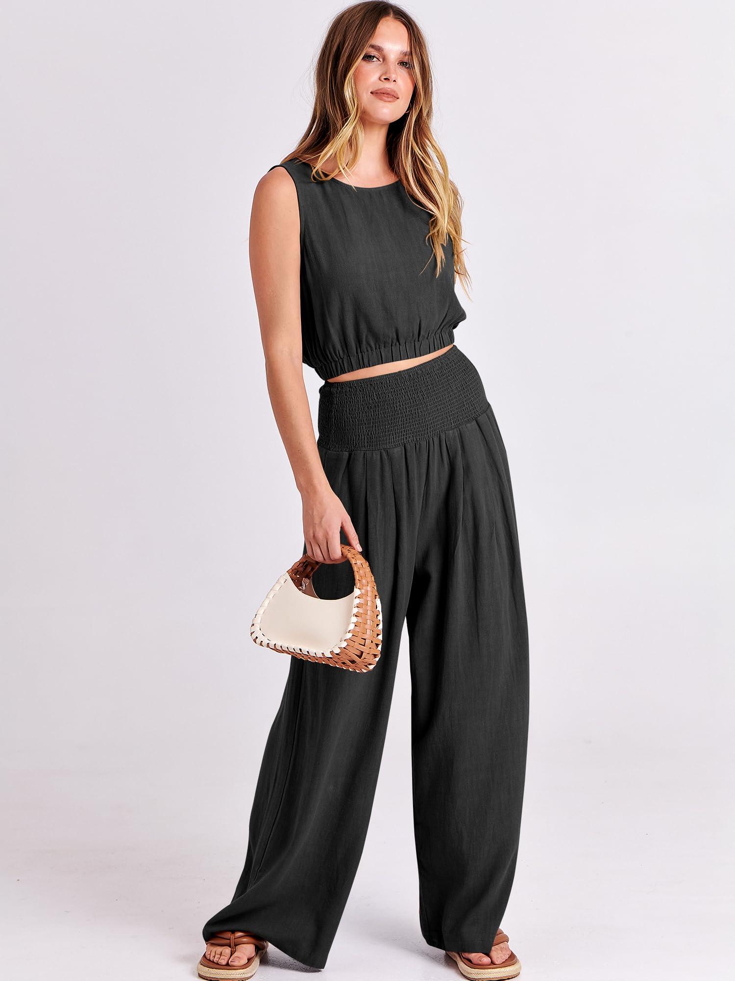ANRABESS Women's 2 Piece Linen Lounge Set Casual Matching Pants Jumpsuit Summer Beach Travel Vacation Trendy Outfits Black Small