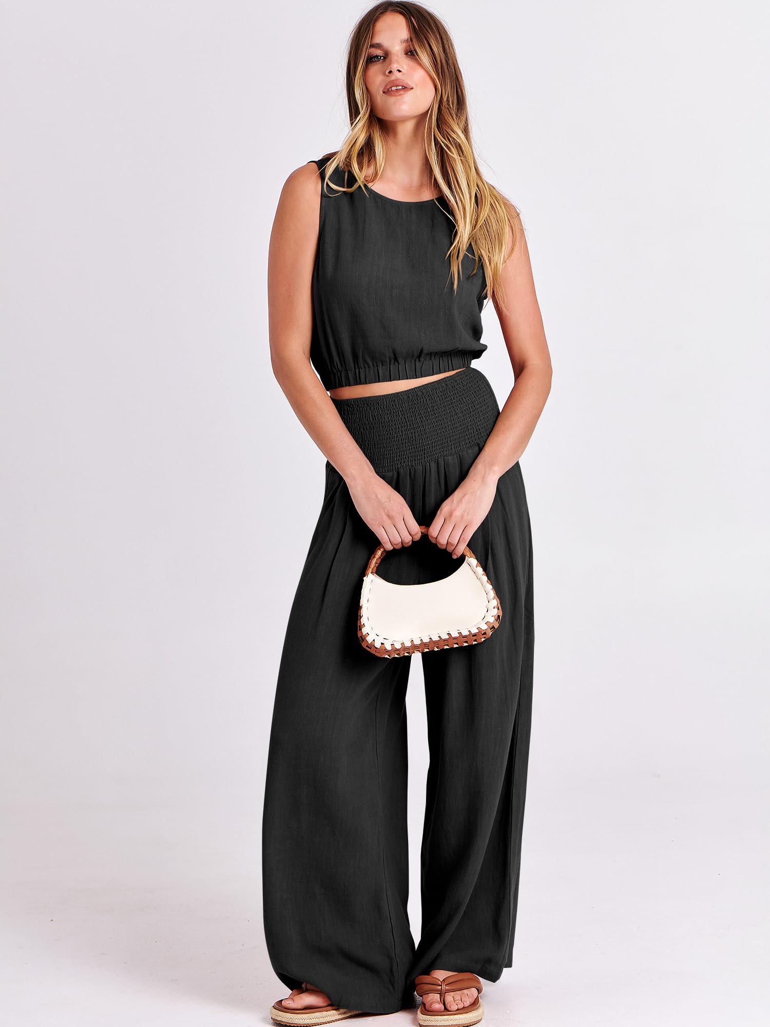 ANRABESS Women's 2 Piece Linen Lounge Set Casual Matching Pants Jumpsuit Summer Beach Travel Vacation Trendy Outfits Black Small
