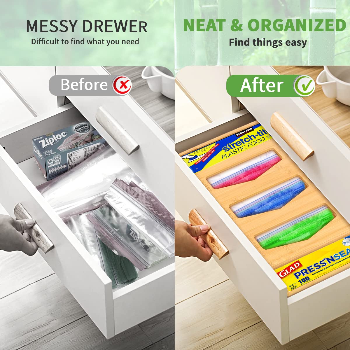 Ziplock Bag Storage Organizer for Kitchen Drawer, Expandable Bamboo Baggie Organizer, Plastic Food Bag Holders and Dispenser, Compatible with Gallon, Quart, Sandwich & Snack Size Bag, 12'' Aluminum Foil and Plastic Wrap