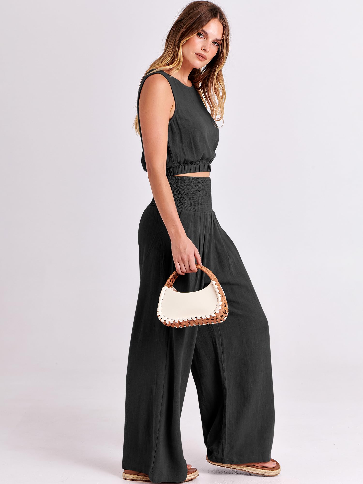 ANRABESS Women's 2 Piece Linen Lounge Set Casual Matching Pants Jumpsuit Summer Beach Travel Vacation Trendy Outfits Black Small